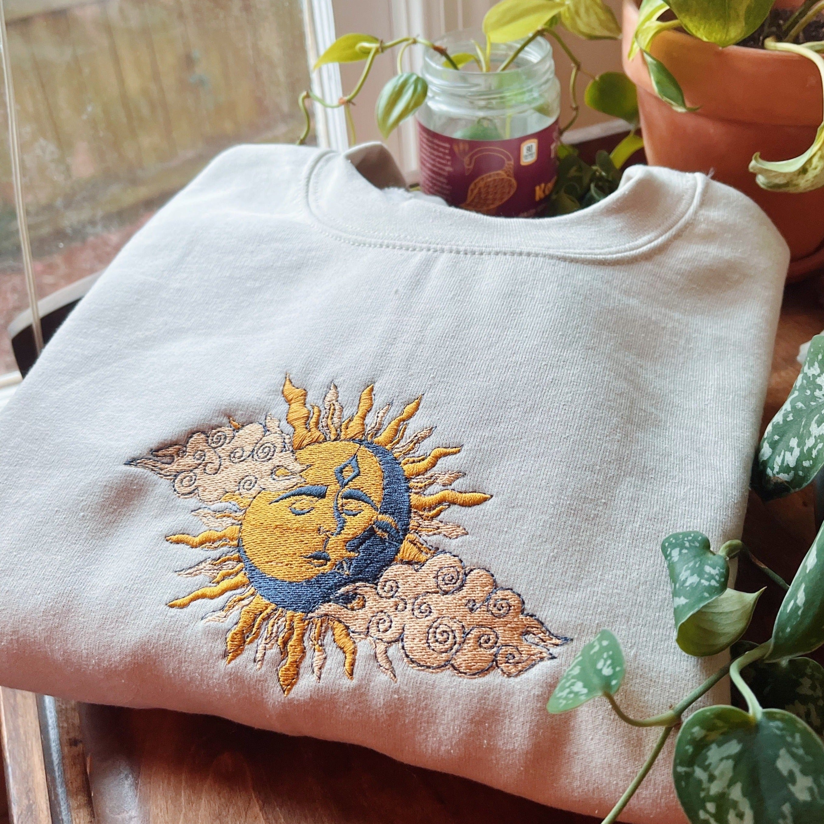 Tan Sun & Moon Embroidered Crewneck – LeBeau Denim Co.